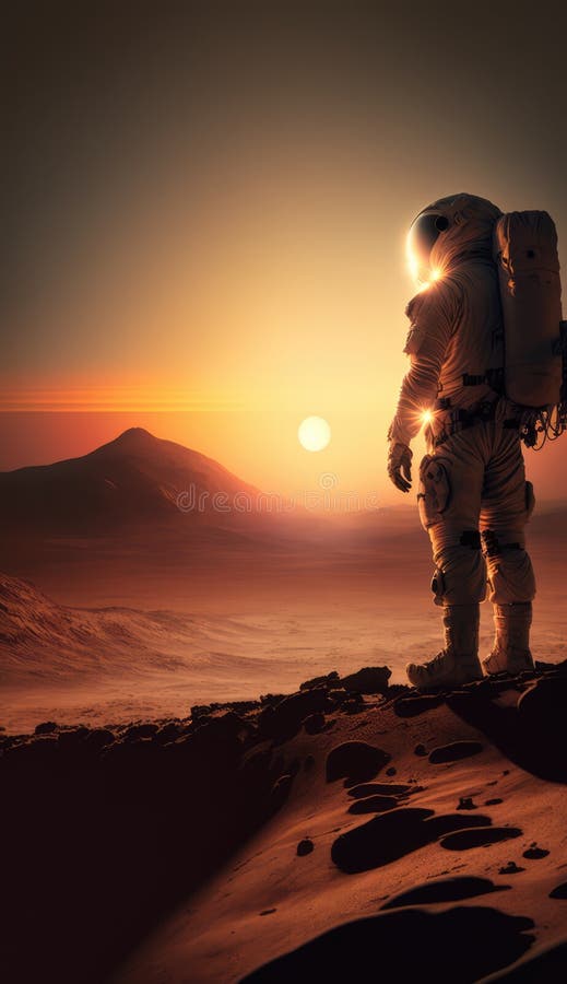 Astronaut Standing and Looking at the Sunset Over the Horizon at Planet ...