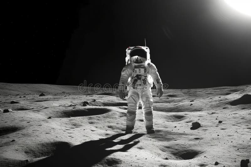 Astronaut Standing on Moon& X27;s Surface, Lunar Terrain Backdrop Stock ...