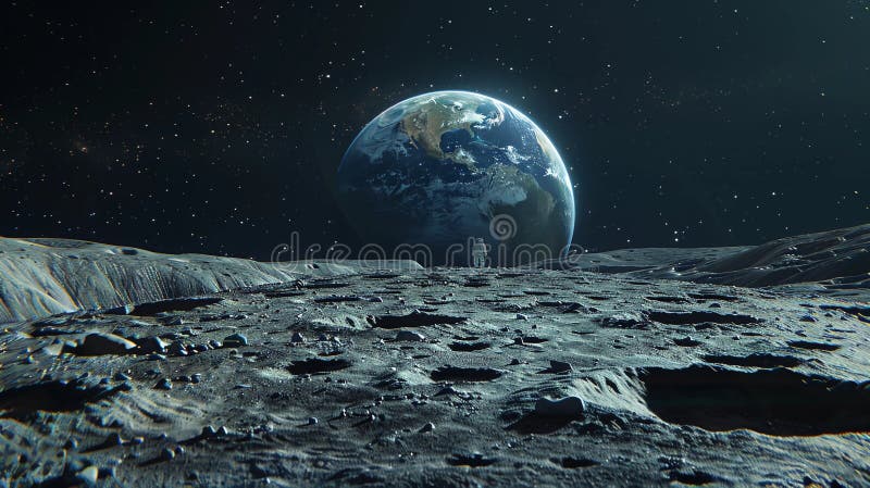 Astronaut Standing on the Moon Surface, Earth Rising in Background ...