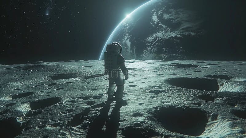 Astronaut Standing on the Moon Surface, Earth Rising in Background ...