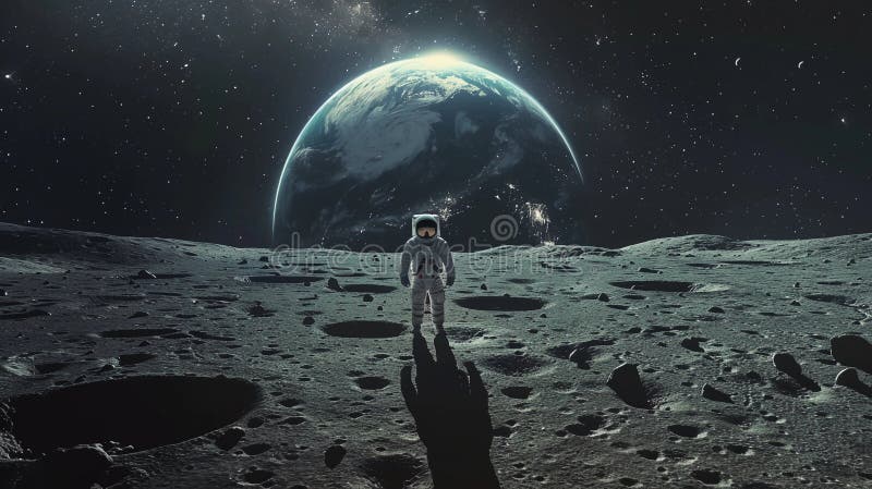 Astronaut Standing on the Moon Surface, Earth Rising in Background ...