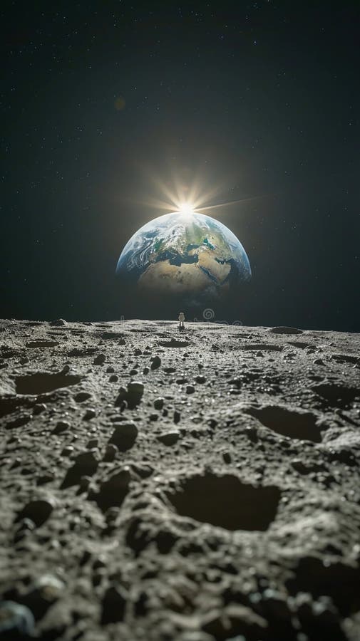 Astronaut Standing on the Moon Surface, Earth Rising in Background ...