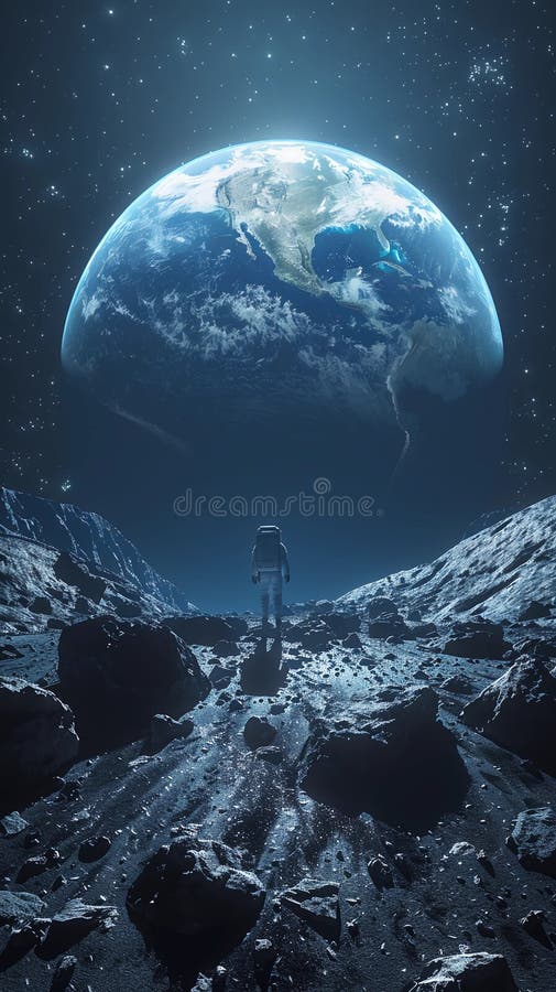 Astronaut Standing on the Moon Surface, Earth Rising in Background ...