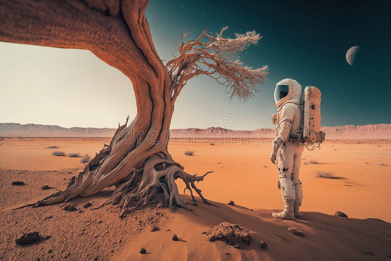 Astronaut Standing Near a Big Tree on Planet Mars. Digital Illustration ...
