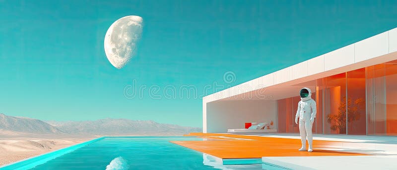 "ASTRONAUT STANDS by POOL, STARING at CRESCENT MOON" Stock Illustration ...