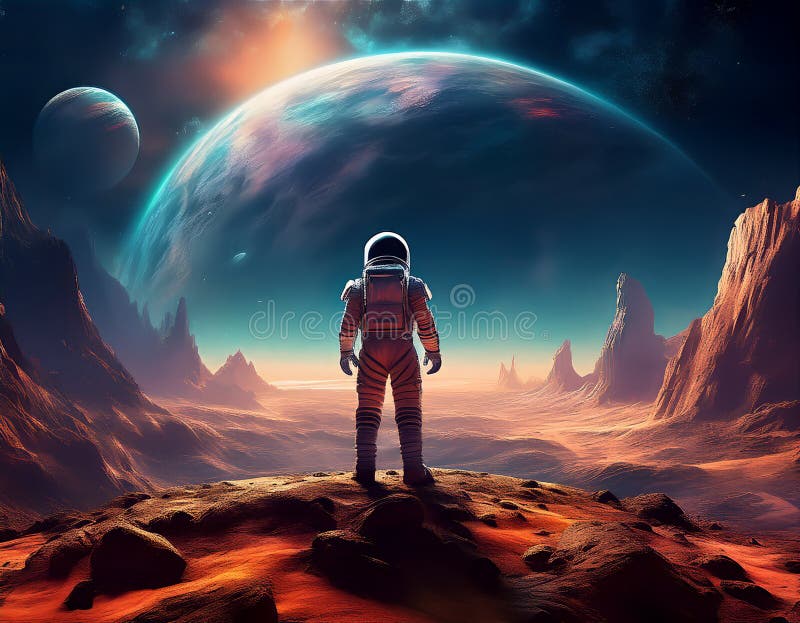 Astronaut Exploring Surface of Alien Planet with Mountains and Planets ...