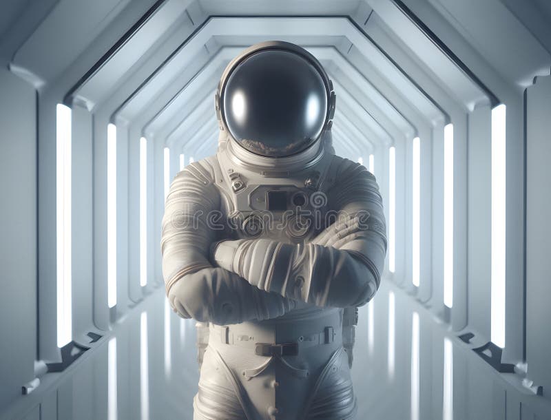 Astronaut Stands Arms Folded in Space Suit on Spaceship Stock Photo ...