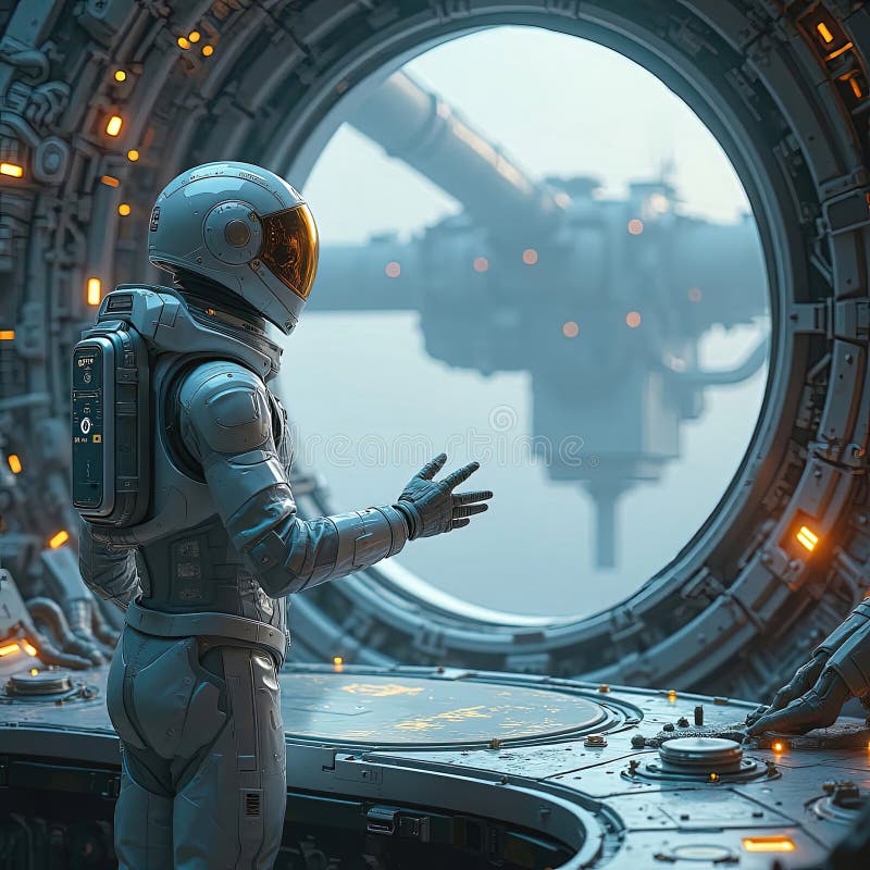 An Astronaut Stands at a Control Panel Inside a High-tech Space Station ...