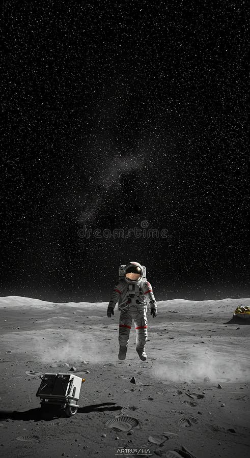 Astronaut Stands on a Desolate Moon Surface with Dark Sky and Equipment ...