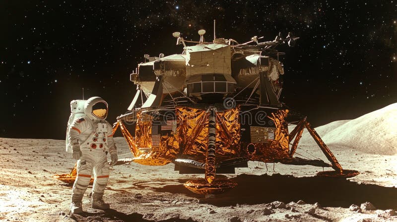 Astronaut Walks on the Lunar Surface Near the Lunar Lander at Night ...