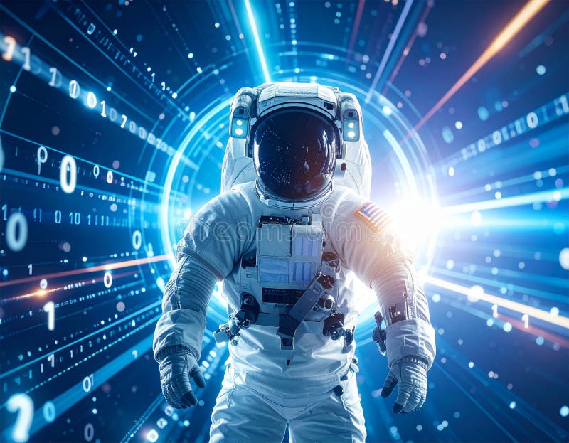 An Astronaut Stands Inside a Digital Vortex of Glowing Numbers and Light Beams. Stock Image ...
