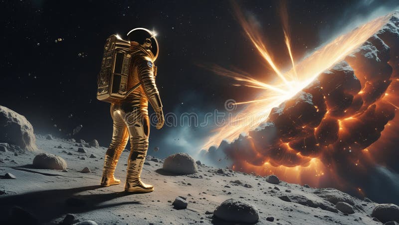 Astronaut Staring at Impact Explosion on Moon Surface in Space Stock ...
