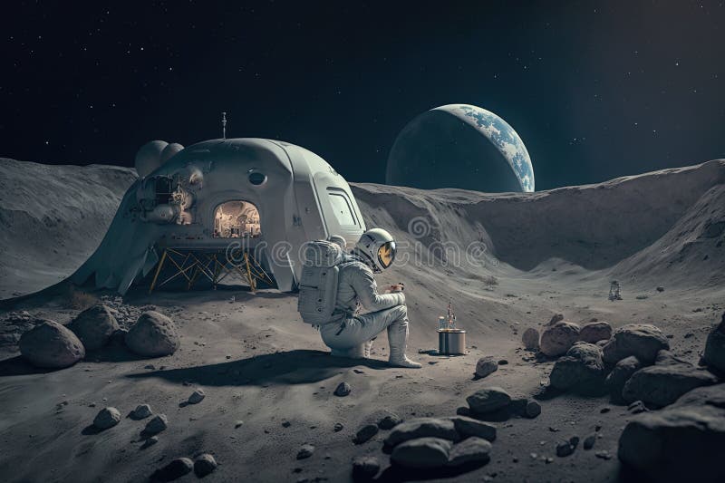 Astronaut Stayed on Moon and Watches To the Earth. Generative AI Stock ...