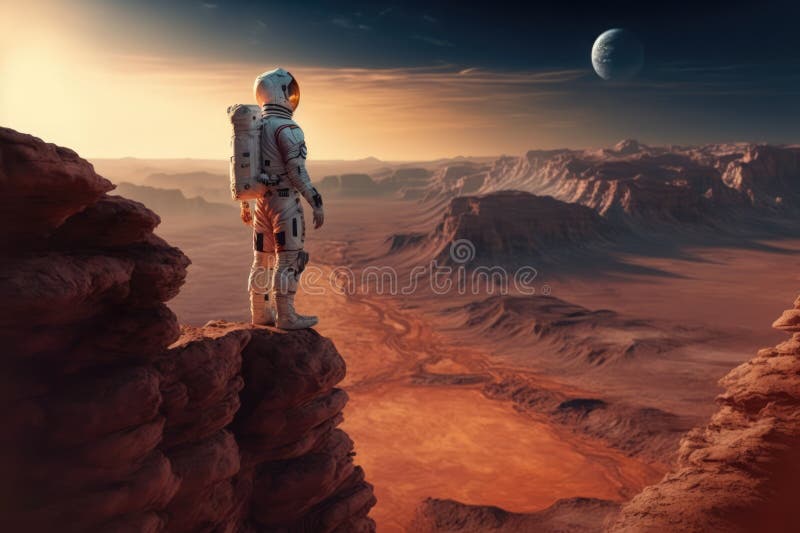 Astronaut in the Sunset on Planet Mars Stock Illustration ...