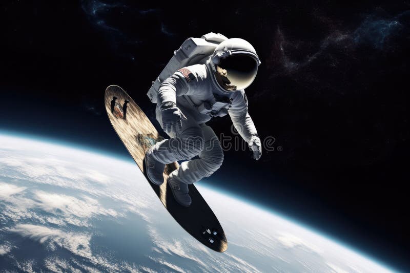 An Astronaut Surfing in the Deep Space. the Spaceman on a Surfboard is ...