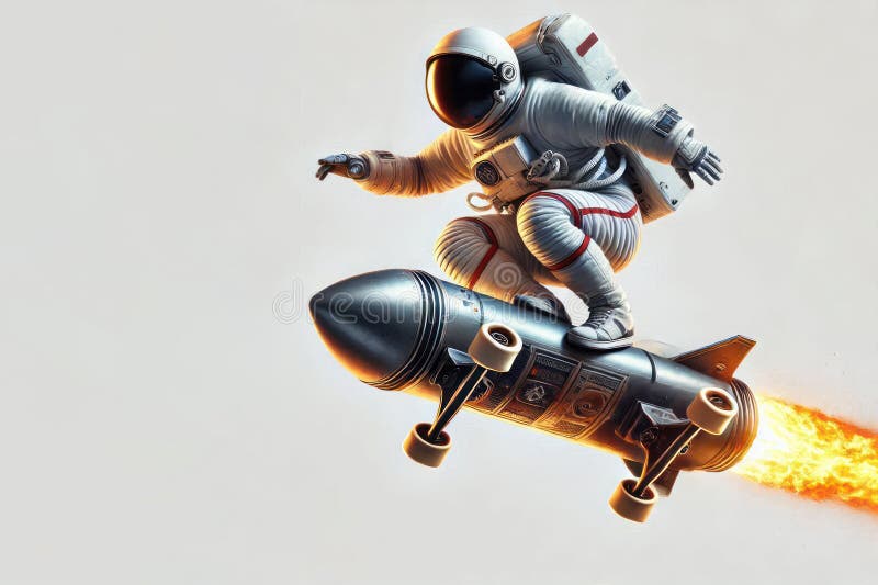 Astronaut Surfing on a Rocket in Outer Space. Space for Text. Stock ...