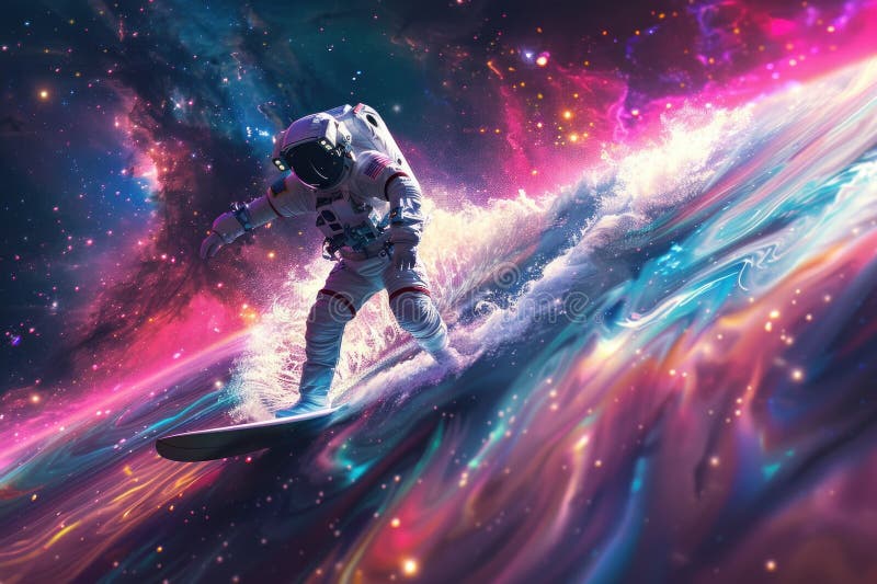 An Astronaut, Surfing on a Wave of Cosmic Energy Stock Illustration ...