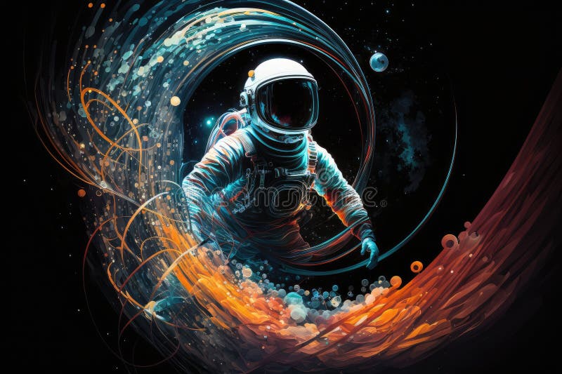 Astronaut, Surrounded by Abstract Spirals of Light and Color, Floating ...