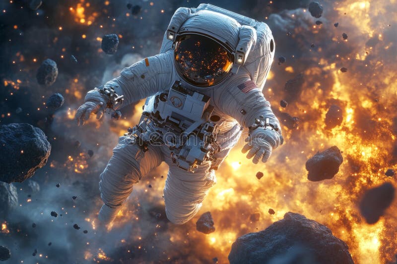 A Brave Astronaut Floats in Space among Fiery Explosions and Asteroids ...