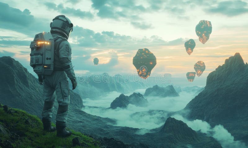 Astronaut Explores Floating Islands in Sci-Fi Landscape Stock Photo ...