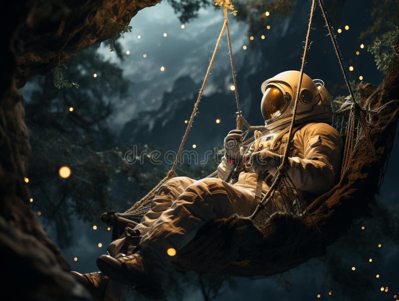 Astronaut Suspended from a Rope Swing Against the Backdrop of a Moonlit ...