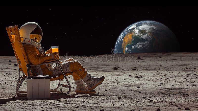 Astronaut Relaxing on the Moon Enjoying View of Earth Drinking Beer ...