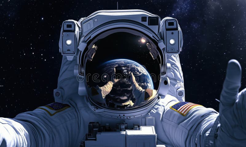 Astronaut Taking Selfie in Space with Earth Visible in Helmet ...