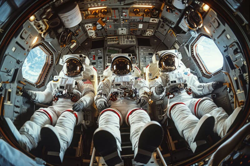 Astronaut Team Inside Space Shuttle Cockpit during a Mission Stock ...