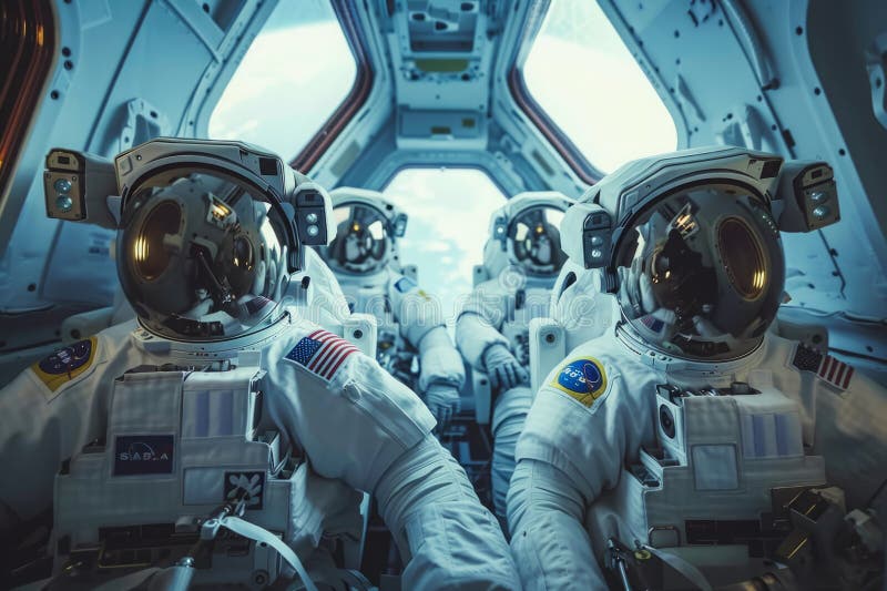 Astronaut Team Inside Space Shuttle Cockpit during a Mission Stock ...