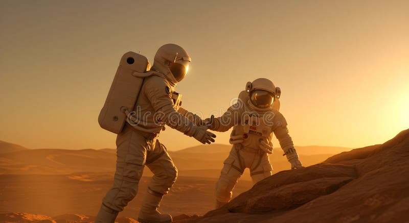 Astronaut Teamwork Helping on Mars Expedition during Sunset Scenery ...
