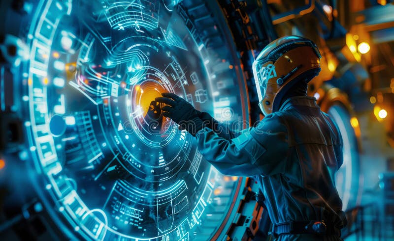 Astronaut Touching Futuristic Hud Interface in Space Station. Stock ... Astronaut Touching Futuristic Hud Interface in Space Station. Stock ...