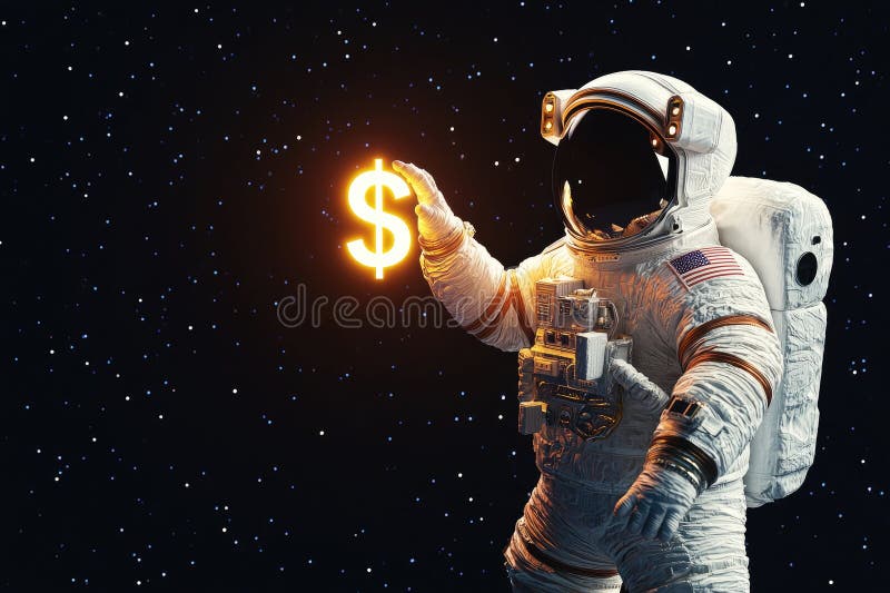 Astronaut Touching Glowing Dollar Sign, Futuristic Space Finance ... Astronaut Touching Glowing Dollar Sign, Futuristic Space Finance ...