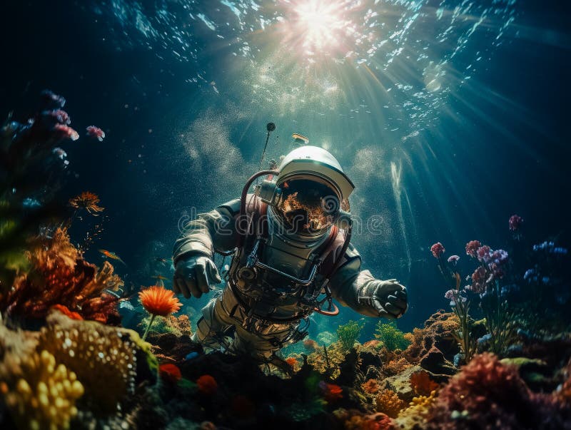 An astronaut under the sea stock illustration. Illustration of adult ...
