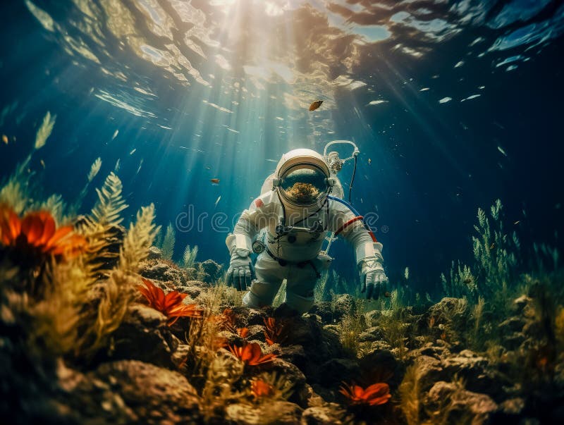 An astronaut under the sea stock illustration. Illustration of ...