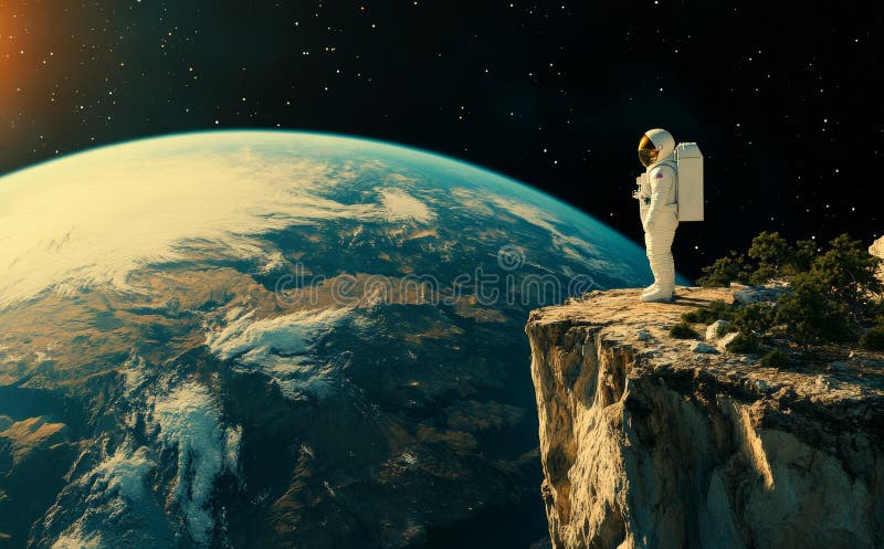 An Astronaut on an Unknown Planet Looks into Space from a Cliff. 5K ...