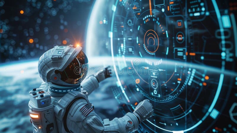 Astronaut Using Futuristic Touchscreen Interface in Space Orbiting ...