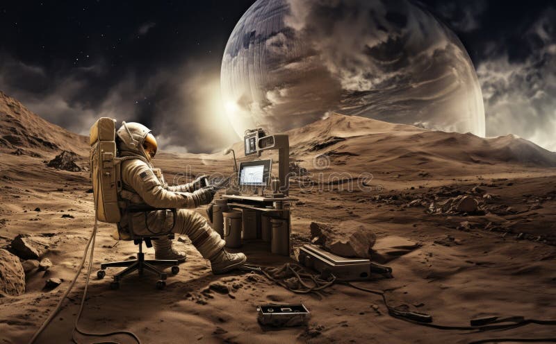 An Astronaut Utilizes a Computer on Mars during the Serene Martian ...