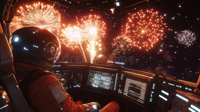 Astronaut Views Space Fireworks from Cockpit Stock Illustration ...
