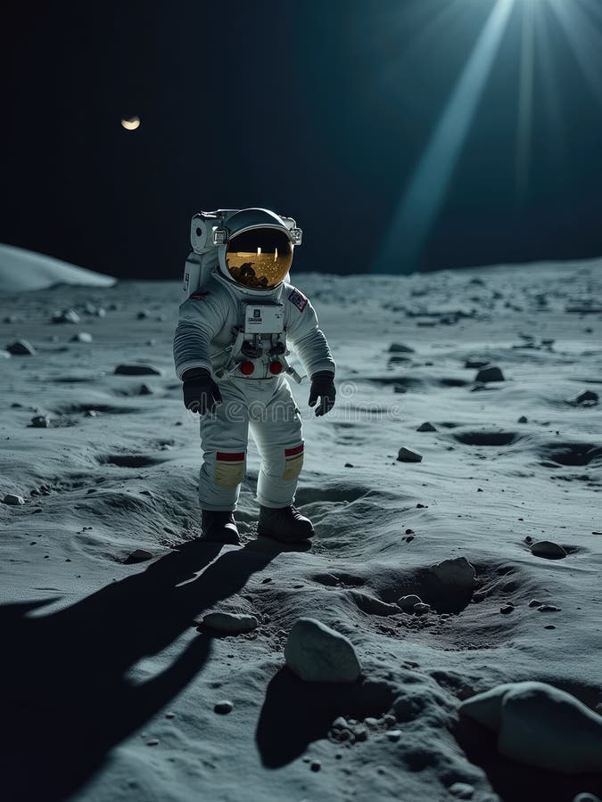 Astronaut Walking Alone on the Surface of the Moon Under a Light Beam ...