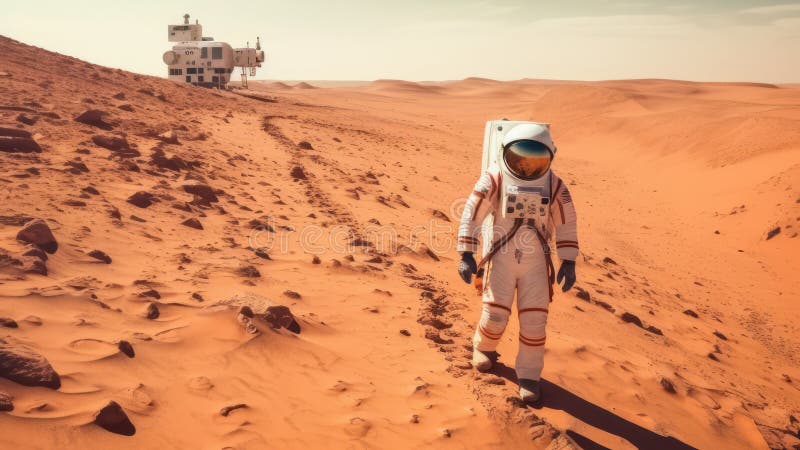 Astronaut Walking on Mars Planet Surface with Base in Background ...