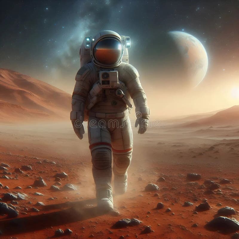 Astronaut walking on Mars stock illustration. Illustration of cartoon ...