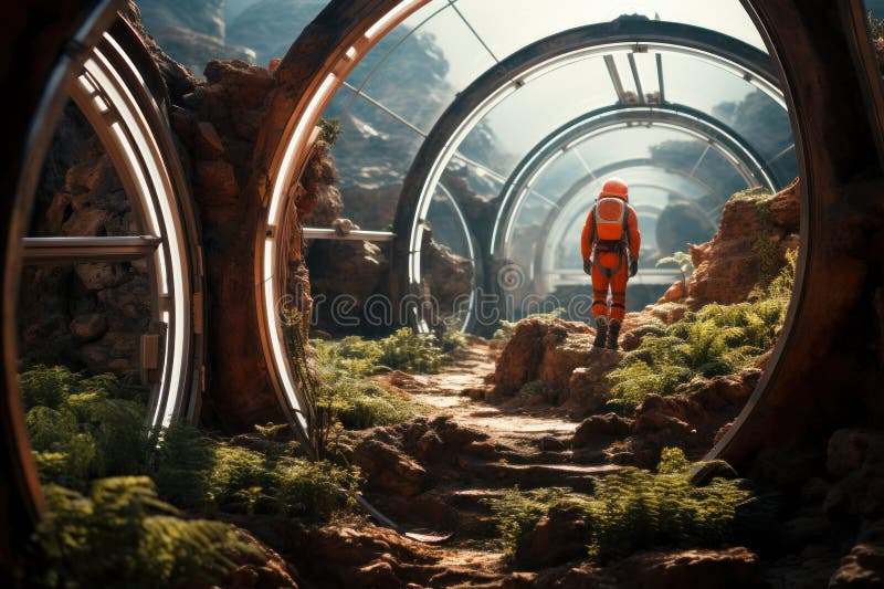 Astronaut Walking on Mars Simulation Tunnel. Stock Illustration ...