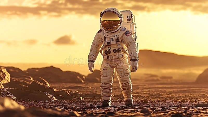 Astronaut Walking on Mars during Sunset Wearing Space Suit Stock Photo ... Astronaut Walking on Mars during Sunset Wearing Space Suit Stock Photo ...