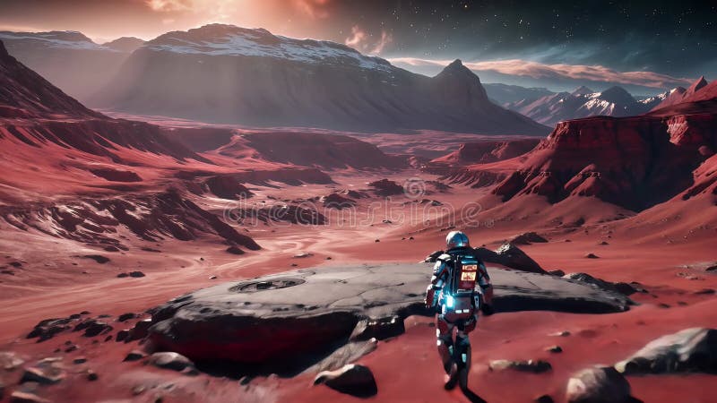 Astronaut Walking on Mars Surface with Dramatic Lighting, Red Rocky ...