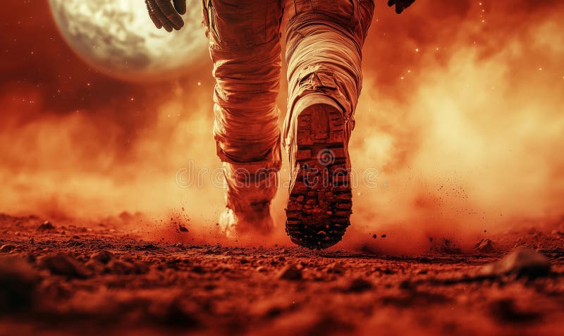 Astronaut Walking on Mars Surface with Red Dust and Distant Planet in ...