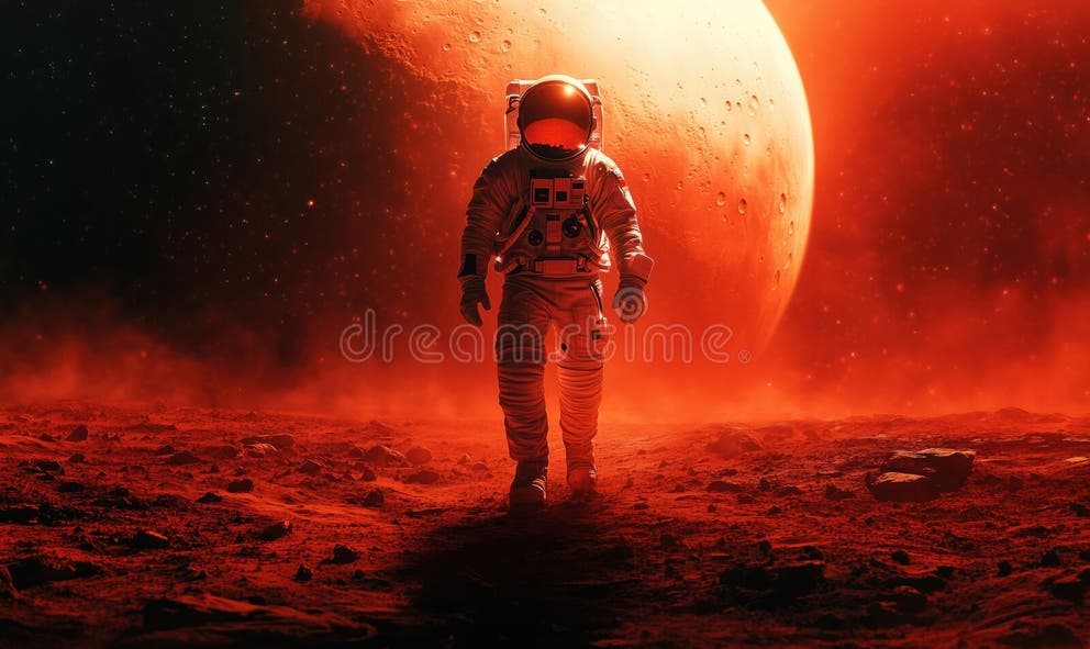 Astronaut Walking on Mars Surface with Red Planet Backdrop and Dramatic ...