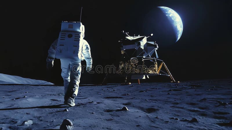 An Astronaut is Walking on the Moon with the Earth in the Background ...