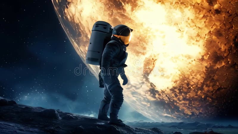 Astronaut Walking on Moon with Fiery Explosion Behind Stock Video ...