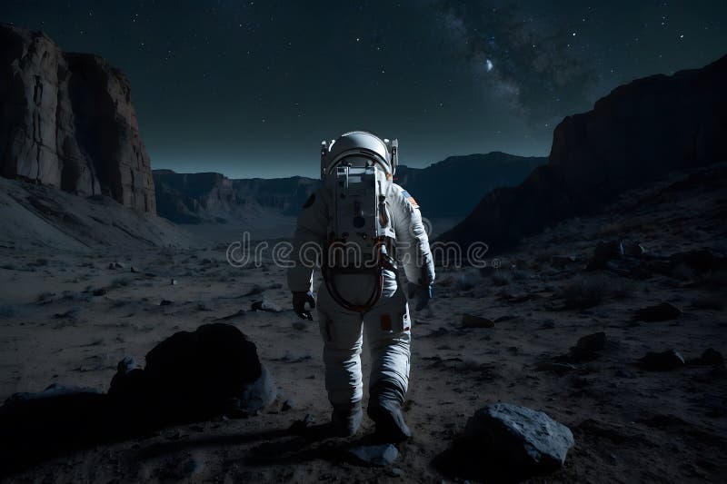 An Astronaut Walking on a Rough Planet at Night Stock Photo - Image of ...