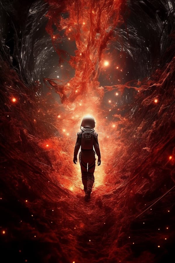 Astronaut Walking on a Planet in Outer Space, Light Effects, Stars and ...